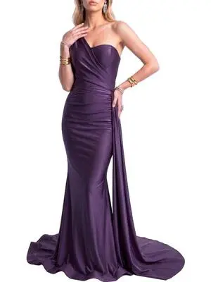 JESSICA ANGEL Jessica Angel One-Shoulder Draped Satin Mermaid Gown With Side Cascade Grape