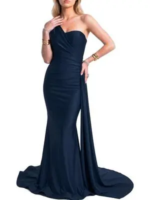 JESSICA ANGEL Jessica Angel One-Shoulder Draped Satin Mermaid Gown With Side Cascade Navy