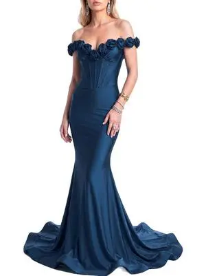 JESSICA ANGEL Jessica Angel Rosette Off-Shoulder Corset Mermaid Gown Navy
