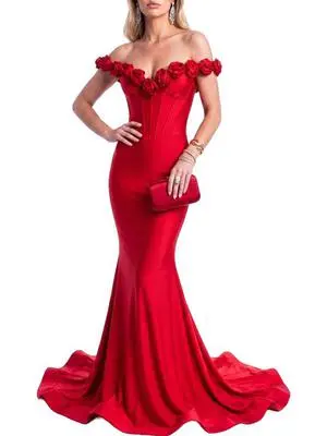 JESSICA ANGEL Jessica Angel Rosette Off-Shoulder Corset Mermaid Gown Red