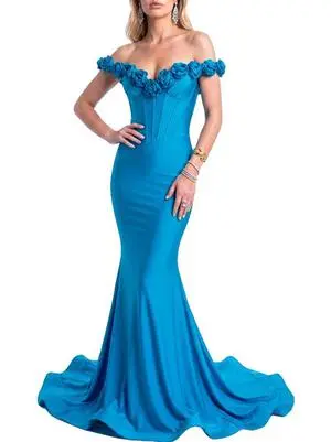 JESSICA ANGEL Jessica Angel Rosette Off-Shoulder Corset Mermaid Gown Turquoise