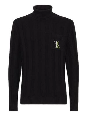 BILLIONAIRE Ribbed Turtleneck Sweater With Pocket Detail - Black
