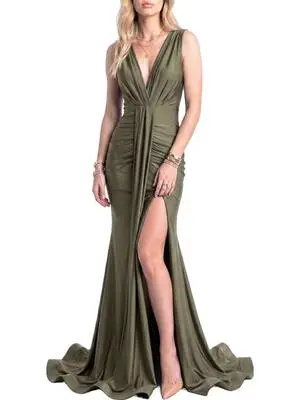 JESSICA ANGEL Jessica Angel Plunging V-Neck Draped Mermaid Gown Burnt Olive