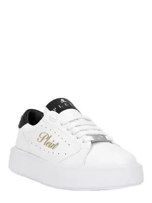 Philipp Plein Signature Low-top Leather Sneakers With Gold Tone Logo - White/black
