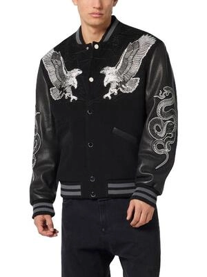 Philipp Plein Embroidered Skull Tattoo Varsity Jacket - Black