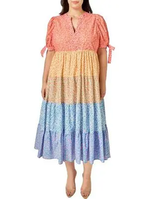English Factory Colorblocked Floral Print Midi Dress - Multi