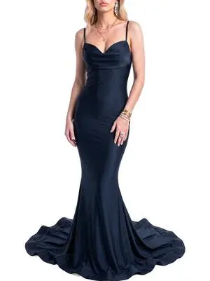 JESSICA ANGEL Jessica Angel Cowl Neck Open Back Mermaid Gown Black