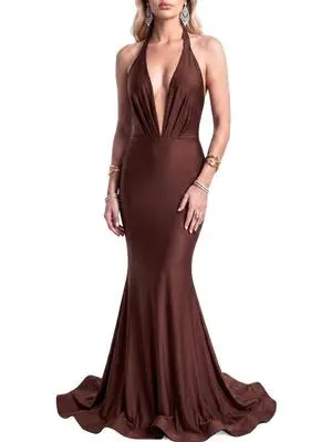 JESSICA ANGEL Plunging Halter Open-back Mermaid Gown With Train - Brown
