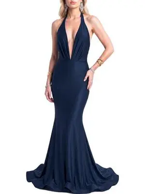 JESSICA ANGEL Plunging Halter Open-back Mermaid Gown With Train - Navy