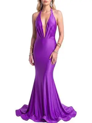 JESSICA ANGEL Plunging Halter Open-back Mermaid Gown With Train - Plum