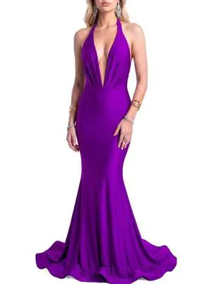 JESSICA ANGEL Plunging Halter Open-back Mermaid Gown With Train - Plum