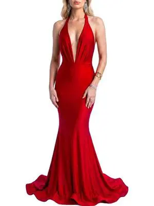 JESSICA ANGEL Plunging Halter Open-back Mermaid Gown With Train - Red