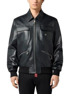 Philipp Plein Nappa Leather Bomber Jacket With Palm Embroidery - Black