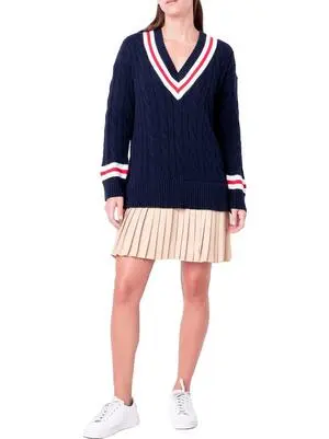 English Factory Cable Knit V-neck Sweater Dress With Pleated Skirt - Navy Multi