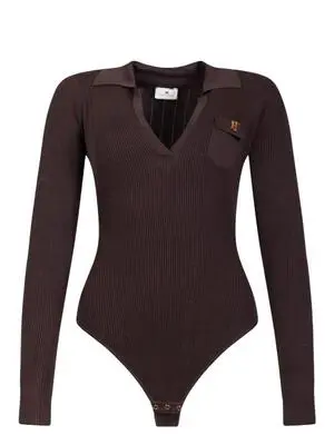 Elisabetta Franchi Elisabetta Franchi Ribbed Knit Bodysuit With Embroidered Lace Detail Brown