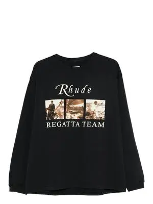 Rhude Ribbed Collar Long Sleeve Tee With Printed Front And Back Panel - Nero