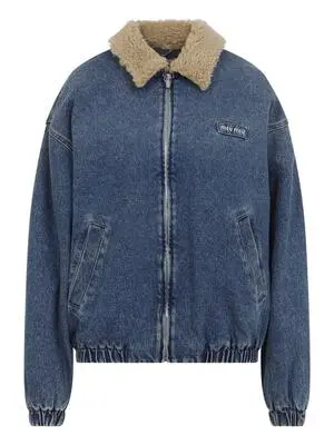 Miu Miu Cotton Bomber Blouson Jacket With Shearling Collar - Blue
