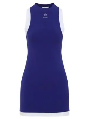 Versace Ribbed Stretch Cotton Mini Dress - Blue