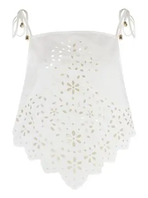 SELF-PORTRAIT Embroidered Cotton Mini Top With Tie Shoulder Straps - White