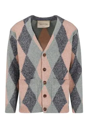 Valentino Garavani Argyle Patterned Cardigan With V-neck - Multicolor