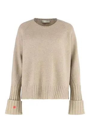Tory Burch Merino Wool Round Neck Long Sleeve Sweater - Beige