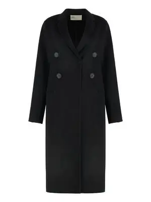 Tory Burch Double-breasted Wool Blend Coat With Horn Buttons - Black