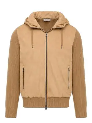 Herno Zip-up Hooded Cardigan With Suede Front And Ribbed Sleeves - Cammello