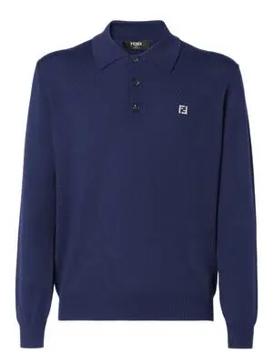Fendi S Long-sleeved Wool Polo Shirt With Micro Ff Emblem - Blu