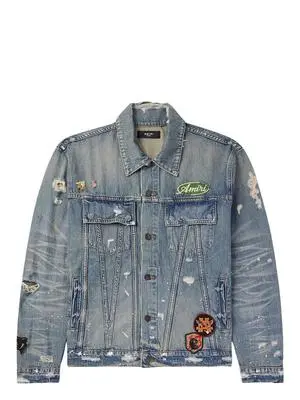 Amiri Distressed Embellished Denim Trucker Jacket - Light Blue