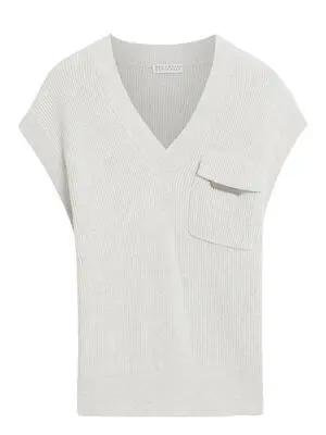 Brunello Cucinelli Ribbed Cotton Vest With Bead Embellishment - Light Gray