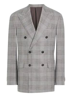 Canali Doublebreasted Prince Of Wales Checked Cupro Blazer - Gray