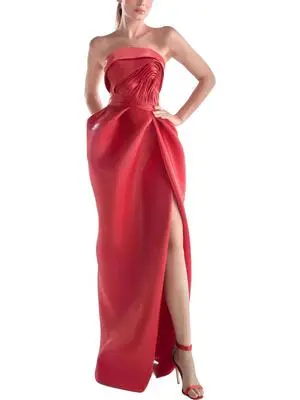 GABY CHARBACHY Pleated Strapless Gown - Red