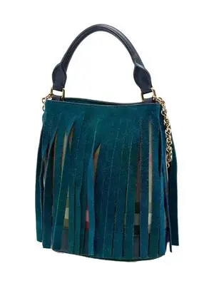 Burberry House Check Canvas And Suede Fringe Bucket Bag Satchel - Blue