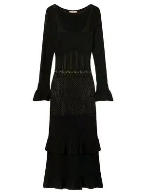 TWINSET Long Ruffled Wool Blend Knit Dress - Black
