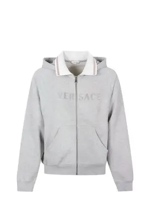 Versace Greca-detail Logo-embroidered Hoodie - Grey