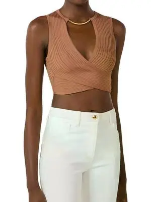 Elisabetta Franchi Elisabetta Franchi Ribbed Knit Wrap-Front Cropped Top Brown