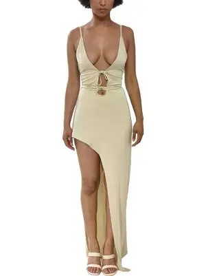 Off-White Asymmetrical Lace-up V-neck Dress - Neutrals