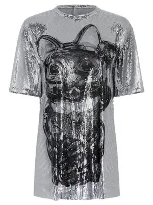 Rabanne Chainmail Mini Dress With Cat Print - Silver