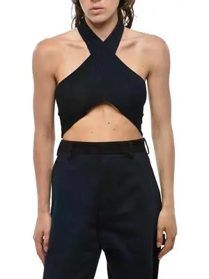 Stella McCartney Ribbed Knit Wrap Halterneck Cropped Top - Blue