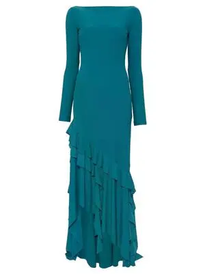 Moschino Teal Green Ruffled Asymmetrical Long Sleeve Dress - Blue