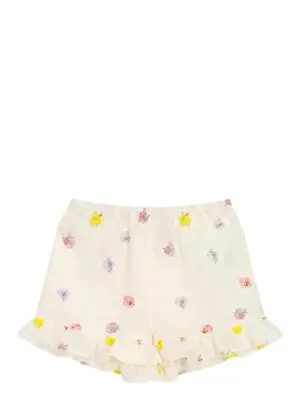 Sleeper White Linen Floral Print Ruffled Shorts - Neutrals