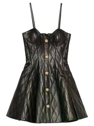 Balmain Quilted Leather Mini Dress - Black