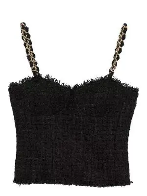 Balmain Sleeveless Tweed Top With Chain-link Straps - Black