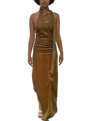 Off-White Ruffled Velour Maxi Dress - Brown