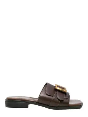SERGIO MORETTI FIRENZE Leather Buckle Detail Flat Sandals - Brown