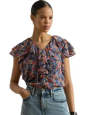 Ralph Lauren Floral Ruffle Georgette Blouse - Cream/red/blue