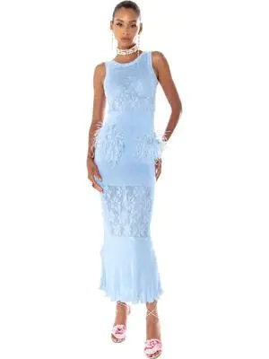 ANDREEVA Bamboo Knit Maxi Dress With Feather Accents - Blue