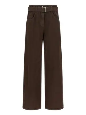 Brunello Cucinelli Wide-leg Belted Jeans In Dark Cotton Canvas - Brown