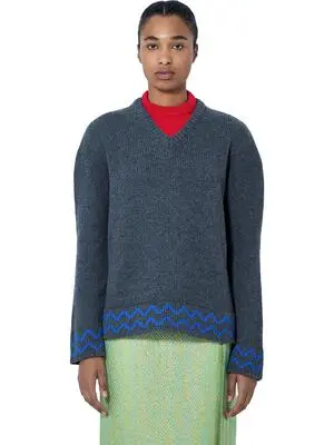 Marni V-neck Textured Knit Sweater With Contrast Hem - Gray
