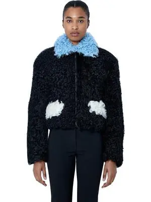 Marni Curly Shearling Jacket With Contrast Collar And Pockets - Black